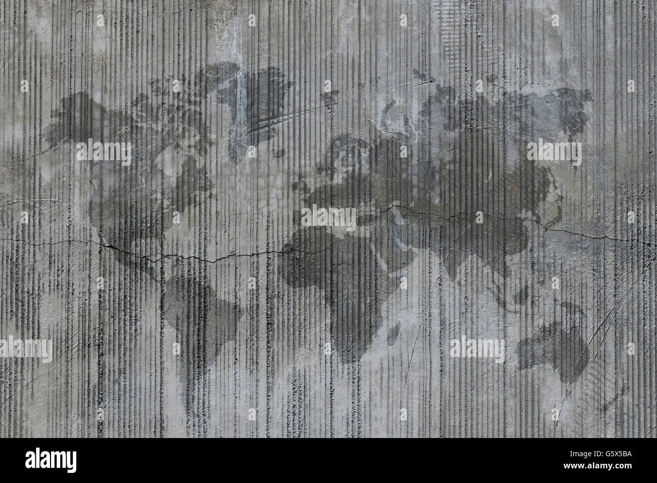 World map stain on cement concrete wall at construction site ...
