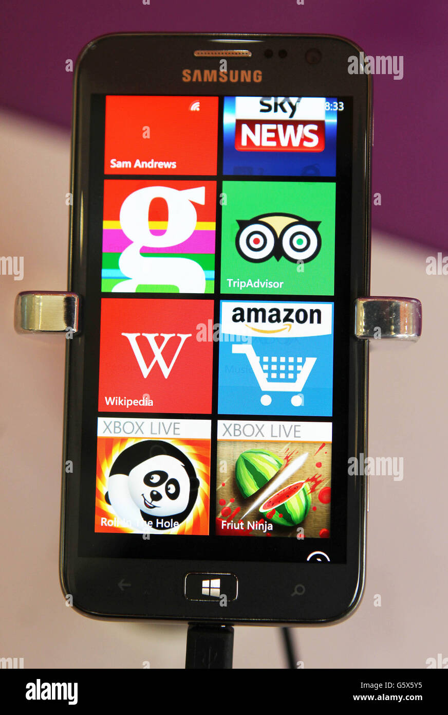 A stock picture of a Samsung handset running apps in Windows phone ...