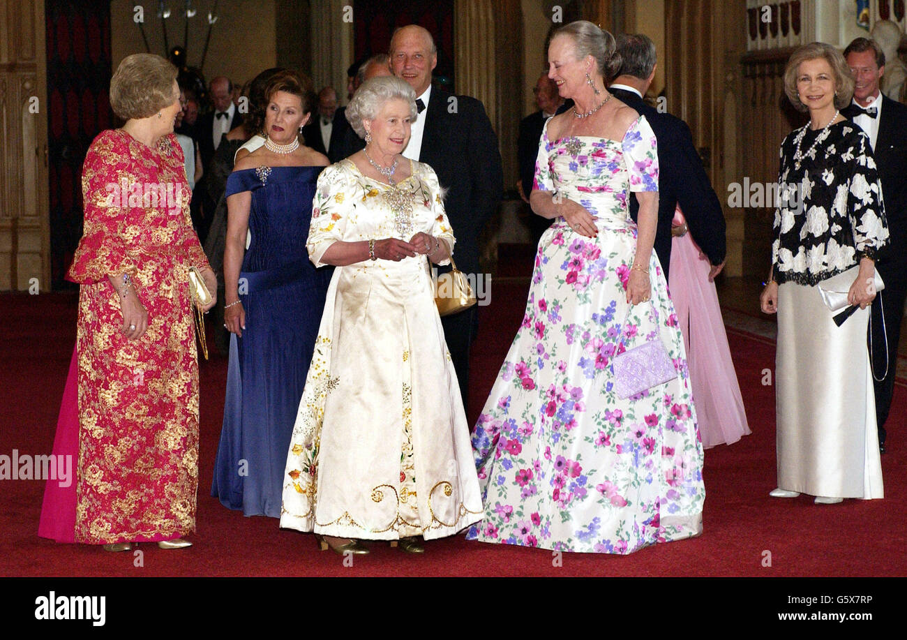Queen Elizabeth Ii Is Accompanied By L R Queen Beatrix Of The Netherlands Queen Sonja And