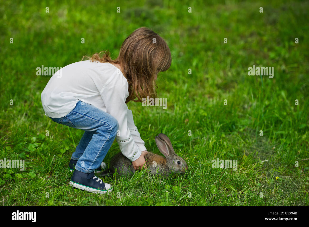 little girl with rabbit on grass Stock Photo - Alamy