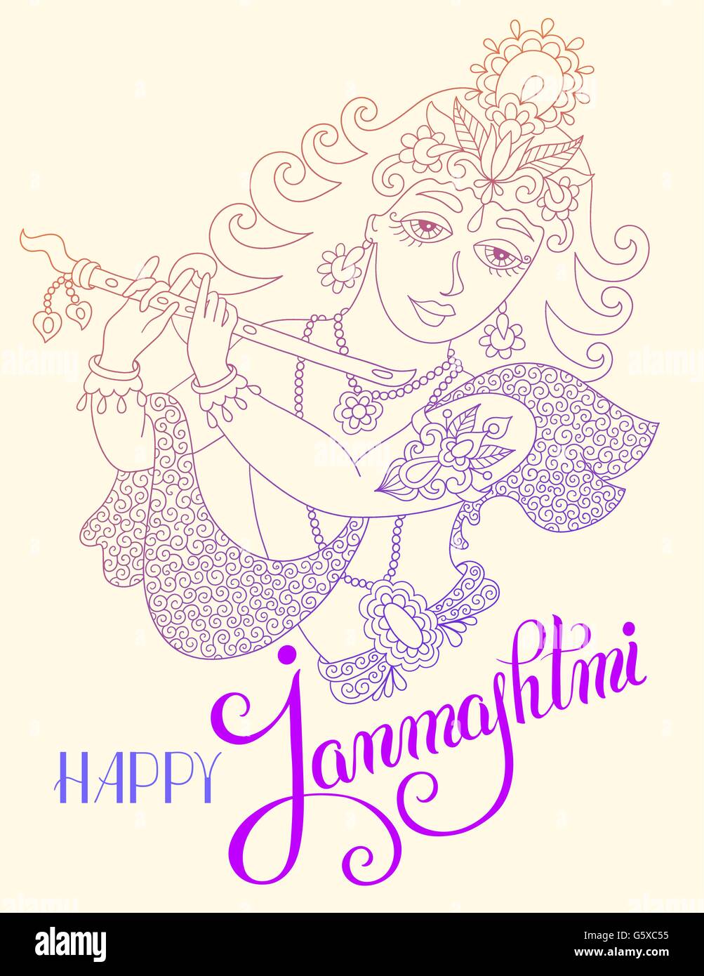 god lord Krishna with hand lettering inscription happy janmashtm Stock ...
