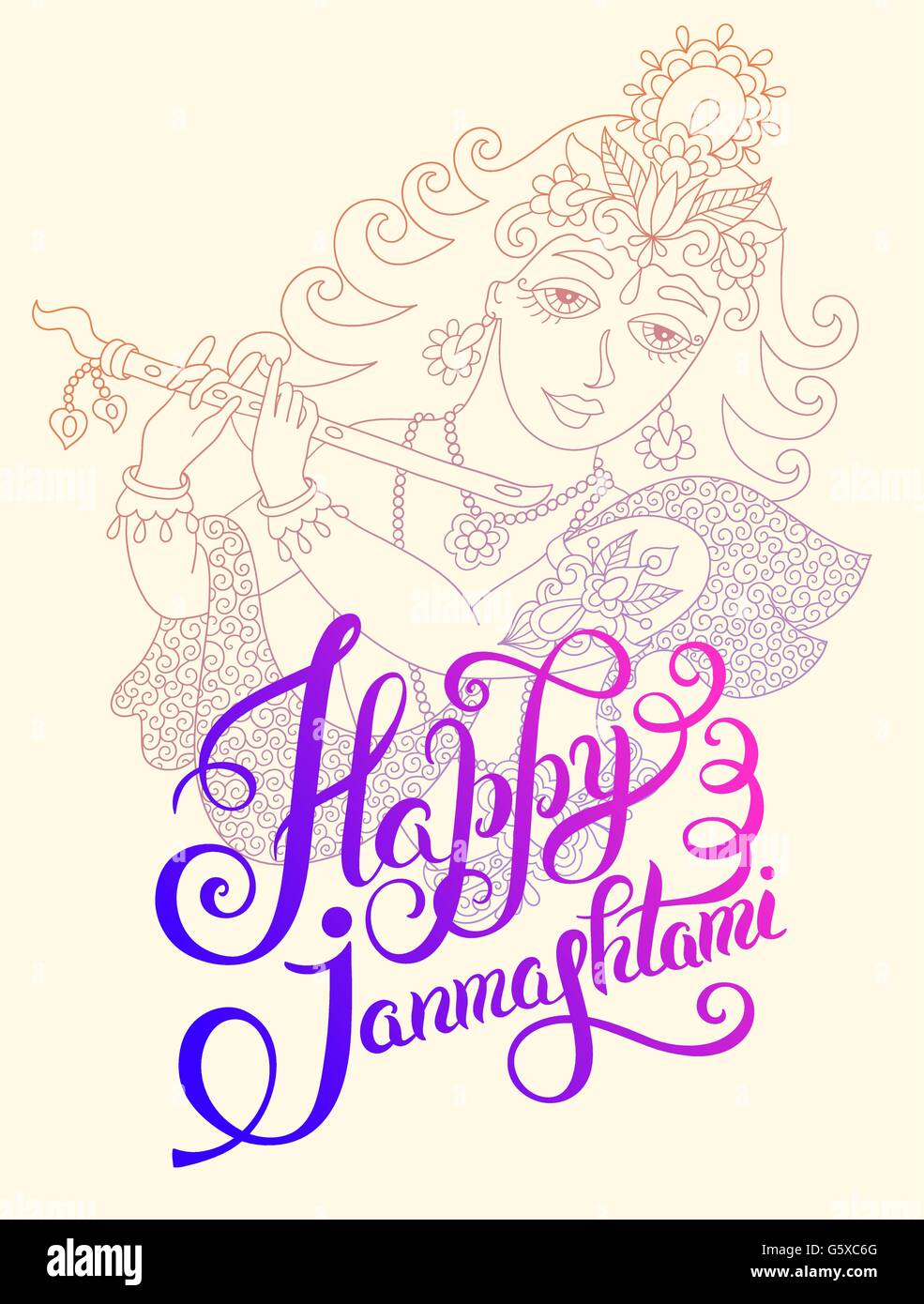 god lord Krishna with hand lettering inscription happy janmashtm Stock ...
