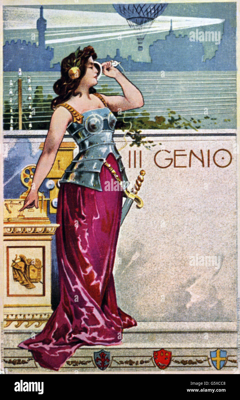 energy, electricity, female genius of electricity, coloured wood ...