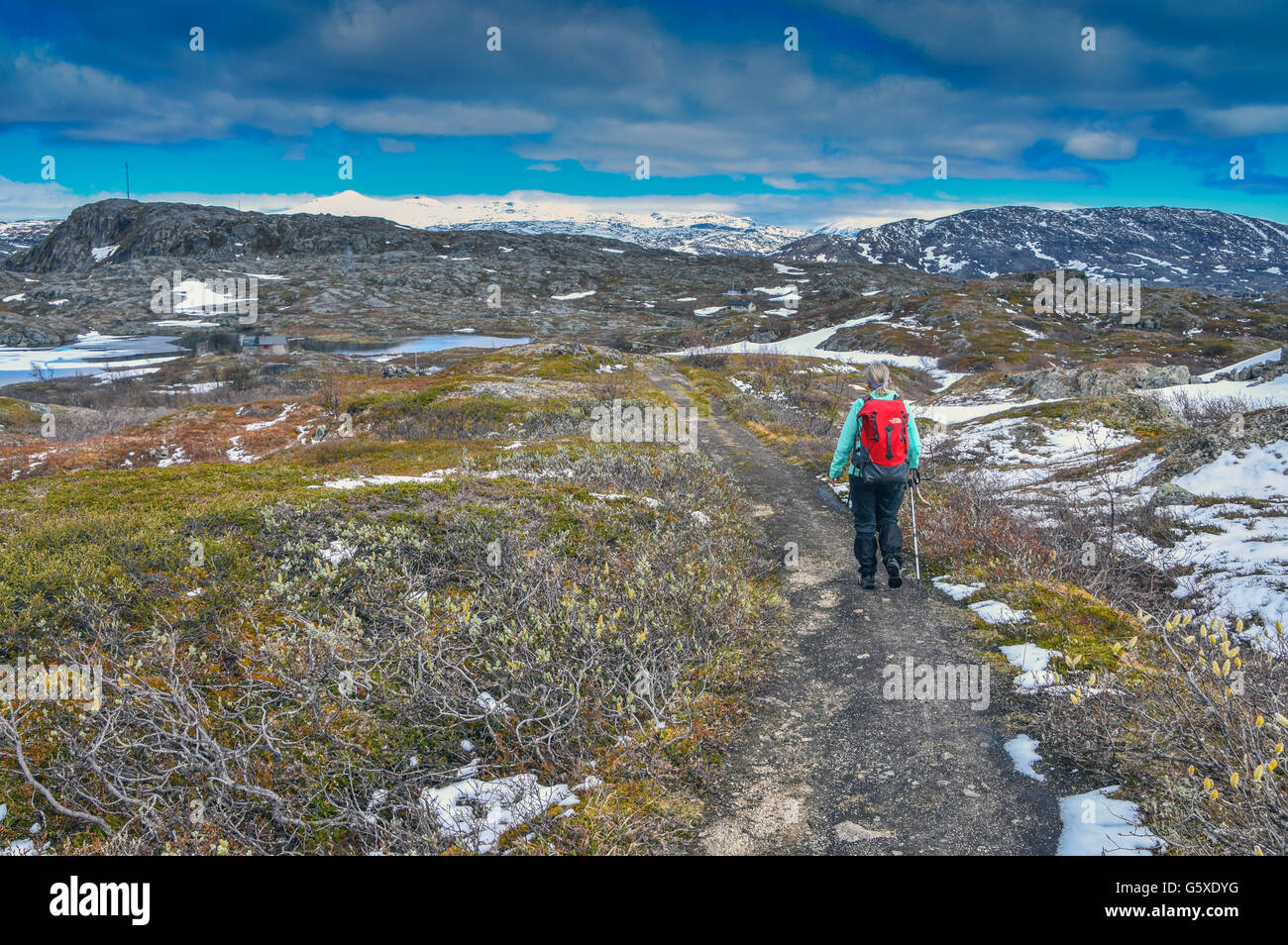 Female hiker with red rucksack walking in wilderness with snowy ...