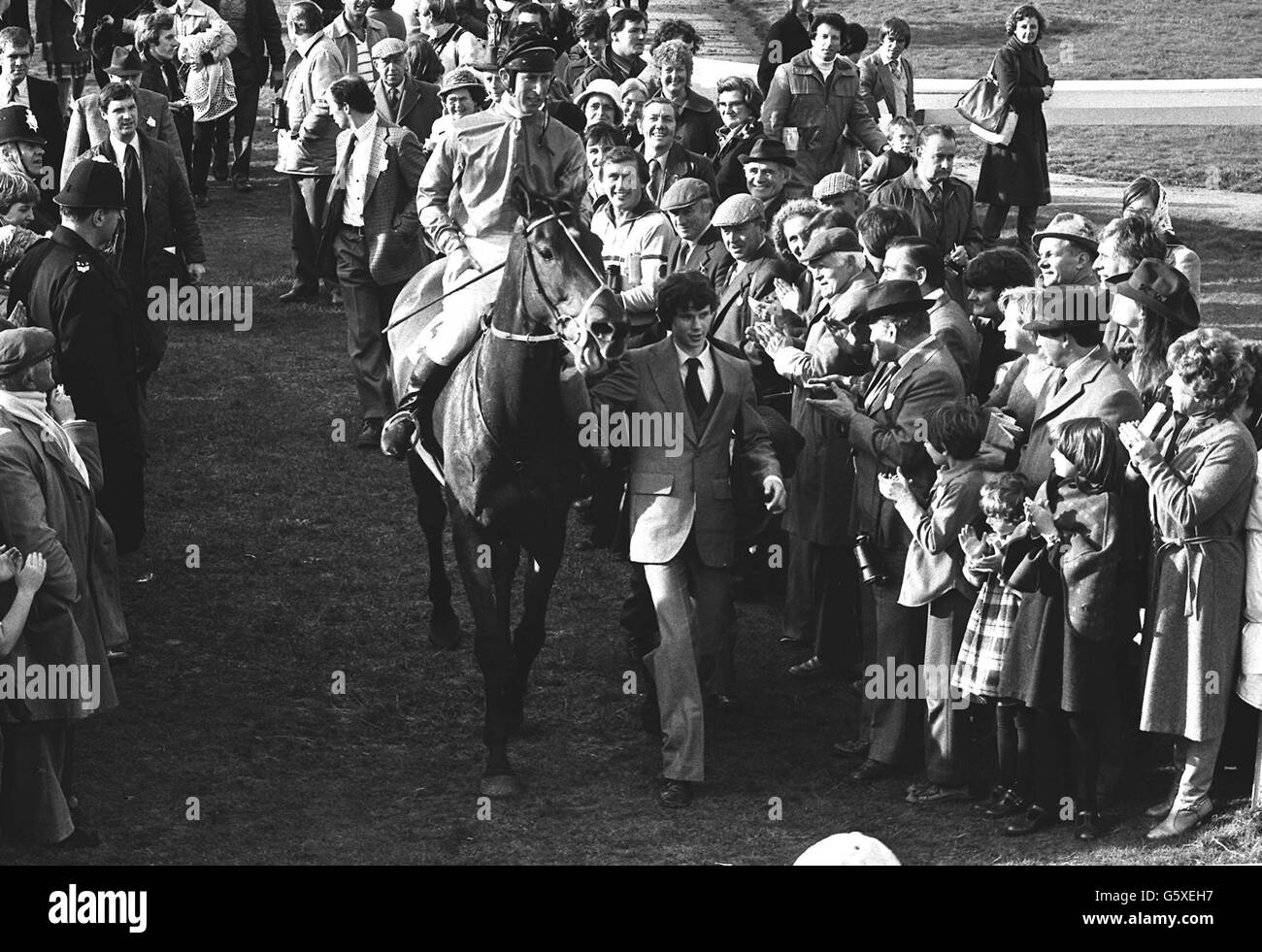 Prince Charles on his ex-Irish gelding Allibar being led in at Ludlow ...