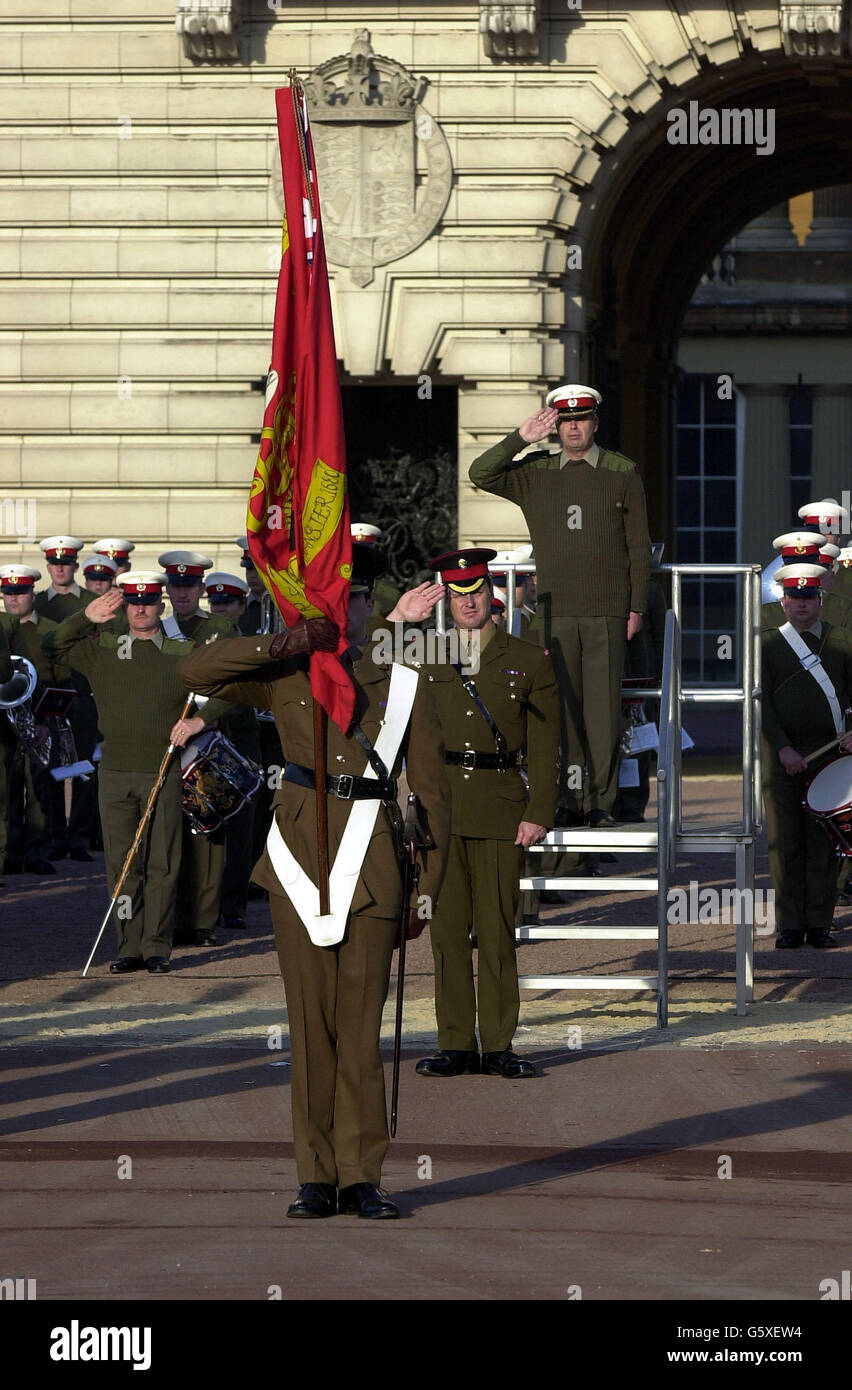 Guardsmen salute at the front of Buckingham Palace during a rehearsal ...