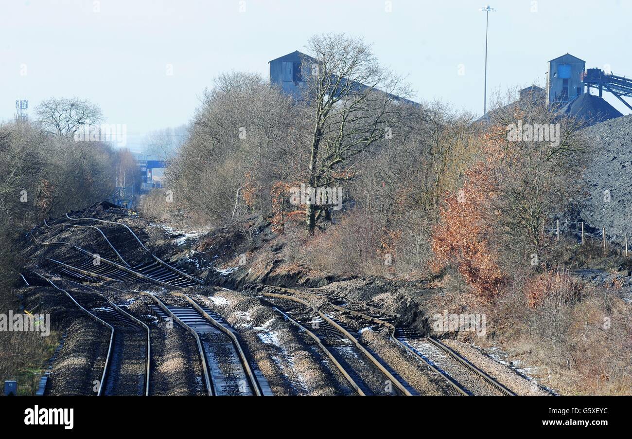 A general view showing the landslide on railway lines at Hatfield ...