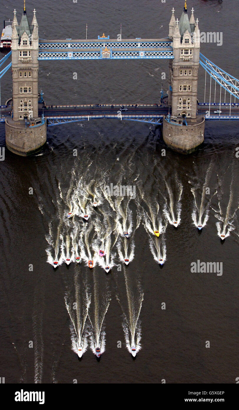 Aerial view of boats passing Tower Bridge at the start of the Honda ...