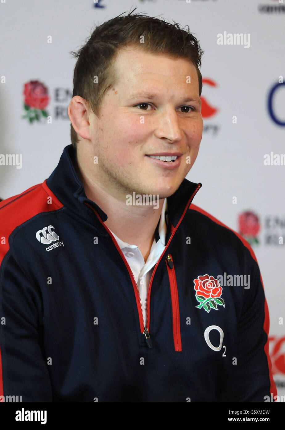 England's Dylan Hartley during a press conference at Pennyhill Park ...