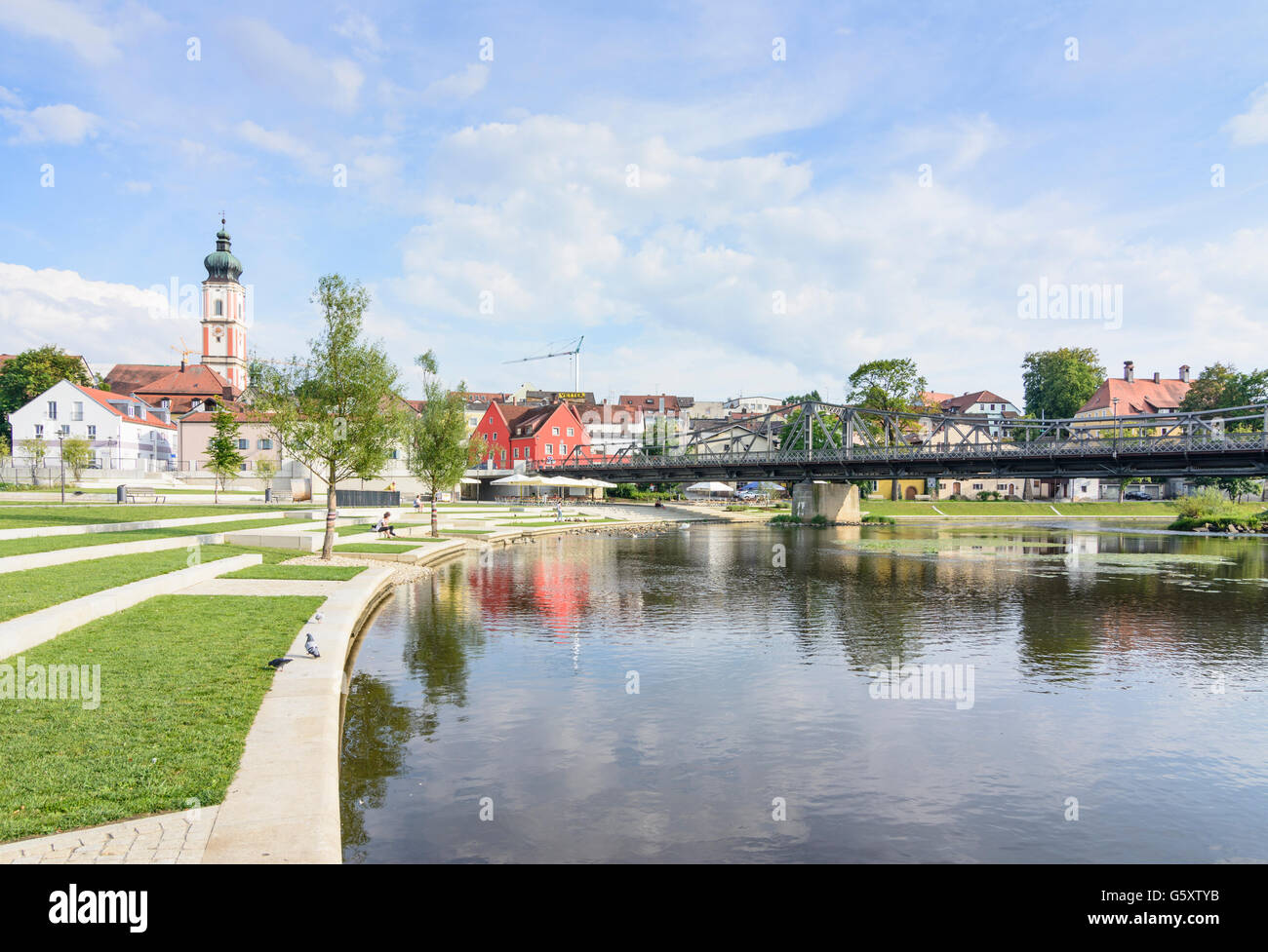 bridge over river Regen, church St. Pankratius, Roding, Germany, Bayern ...