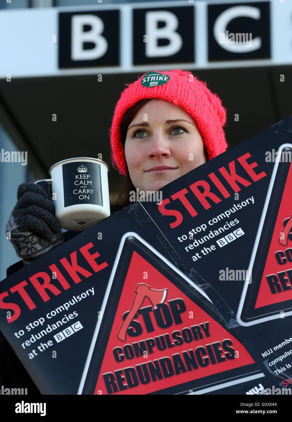BBC staff member Sarah Toom pickets outside offices in Glasgow during a ...