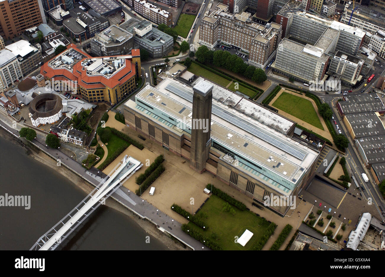 An aerial view of The Tate Modern gallery, with The Globe Theatre to ...