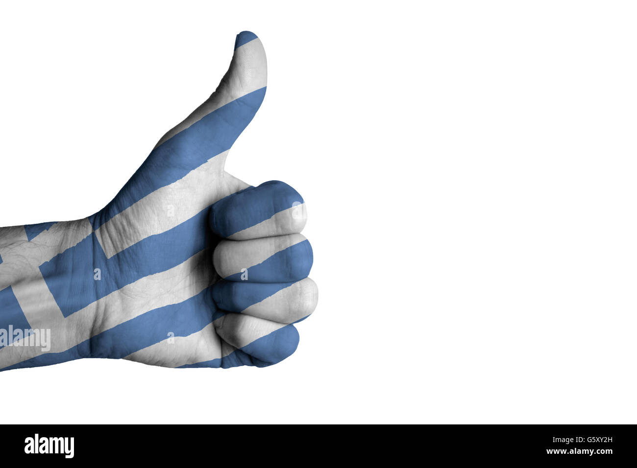 Greek flag on human male thumb up hand Stock Photo - Alamy