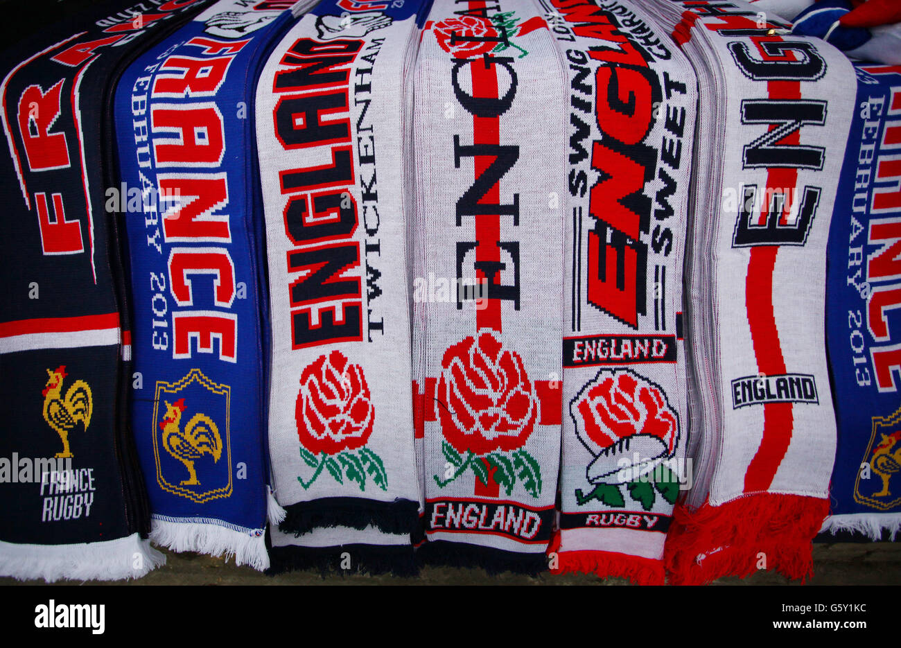 A general view of merchandise for sale as rugby fans arrive before the ...
