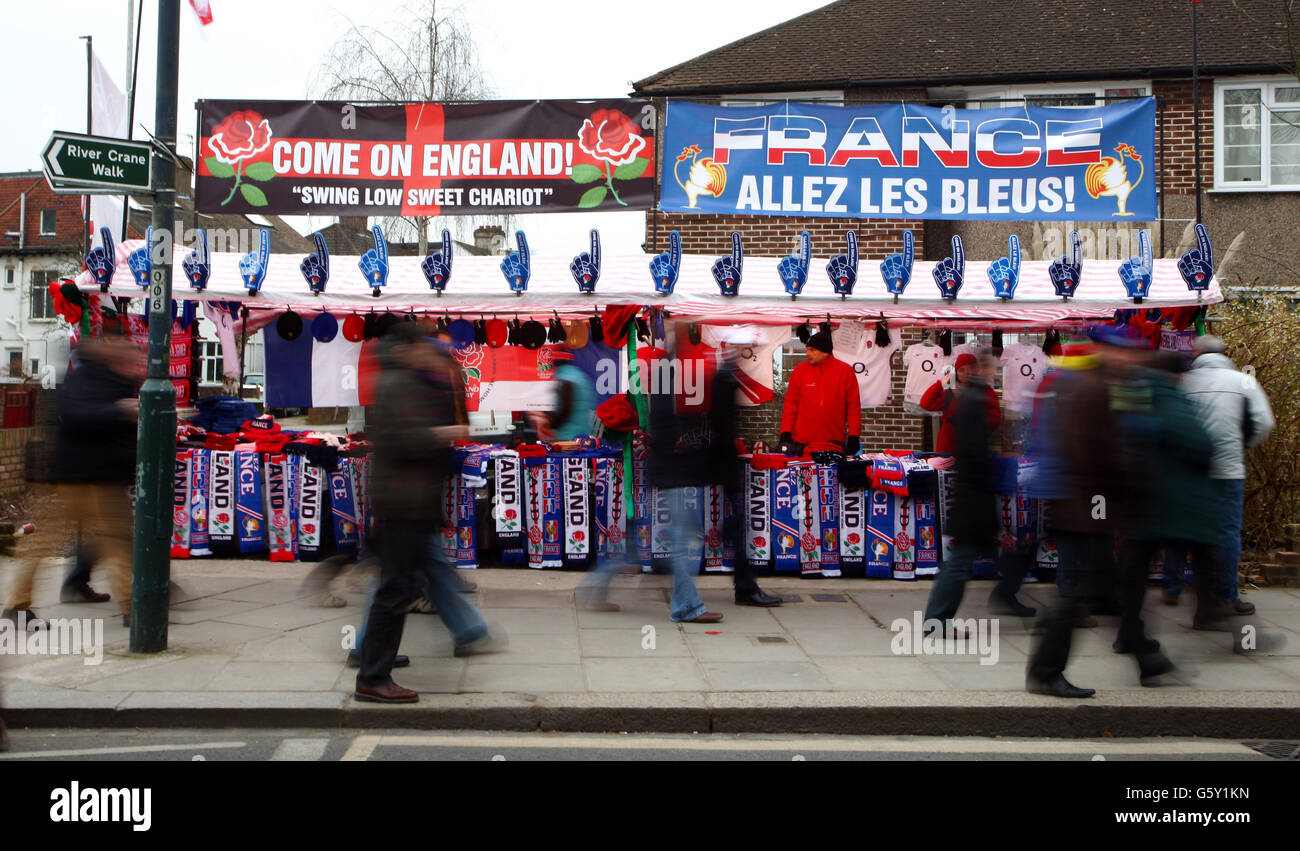 A general view of a street vendor selling match merchandise as fans ...