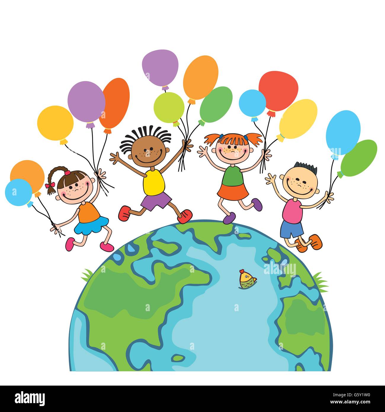 four happy jumping kids round the globe, with balloons isolated ...