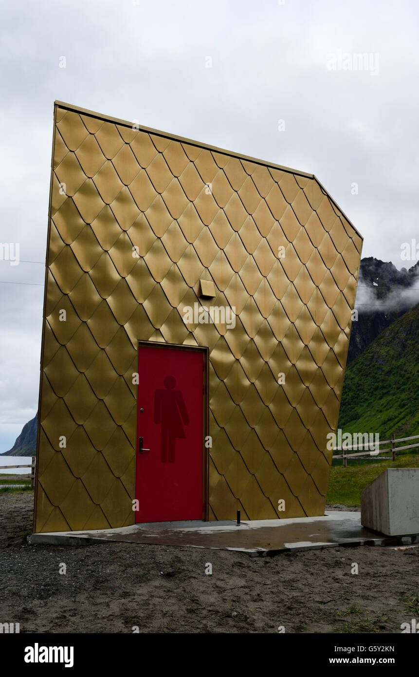 ERSJFJORD, SENJA, NORWAY - AUGUST 20, 2016: The golden toilet tourist ...
