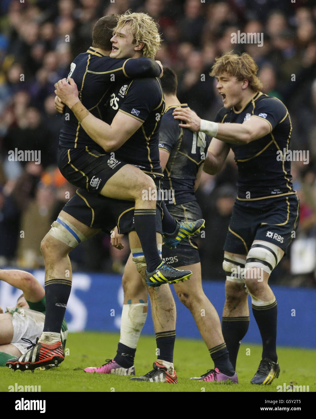 Scotland's Greig Laidlaw (left), Richie Gray (centre) and Dave Denton ...