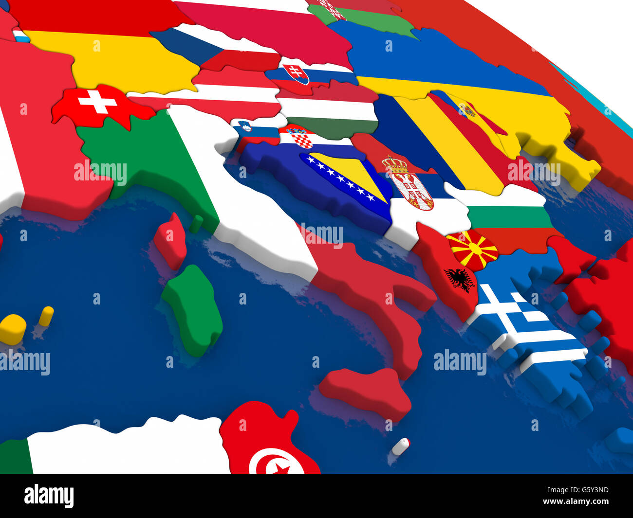 Map of Italy with embedded flags on 3D political map. Accurate official ...
