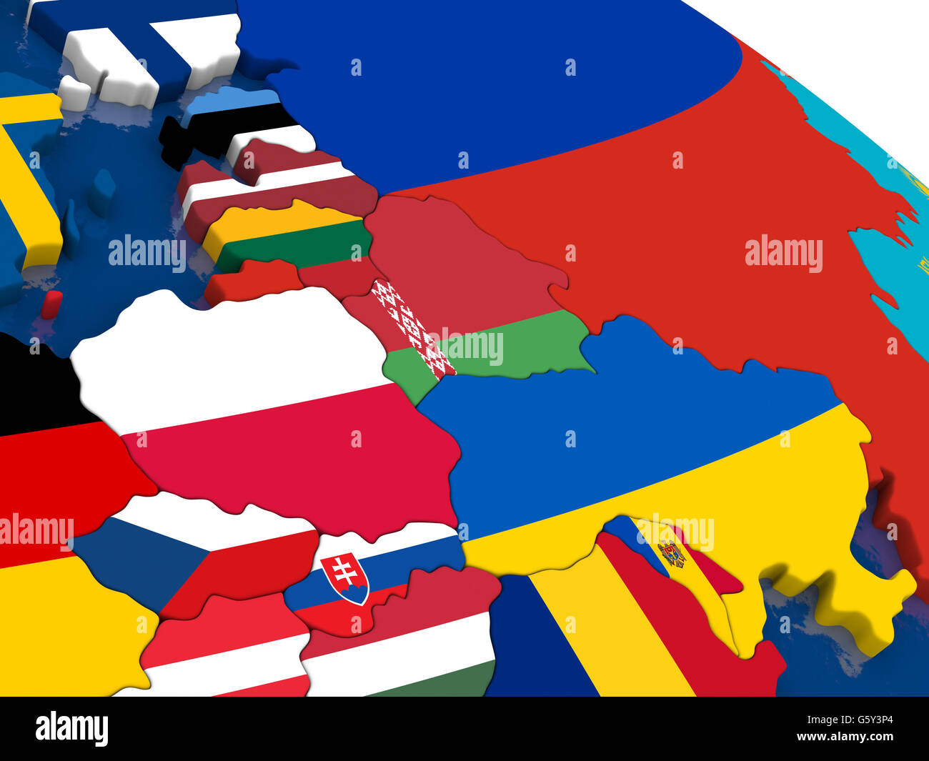 Map of East Europe with embedded flags on 3D political map. Accurate ...