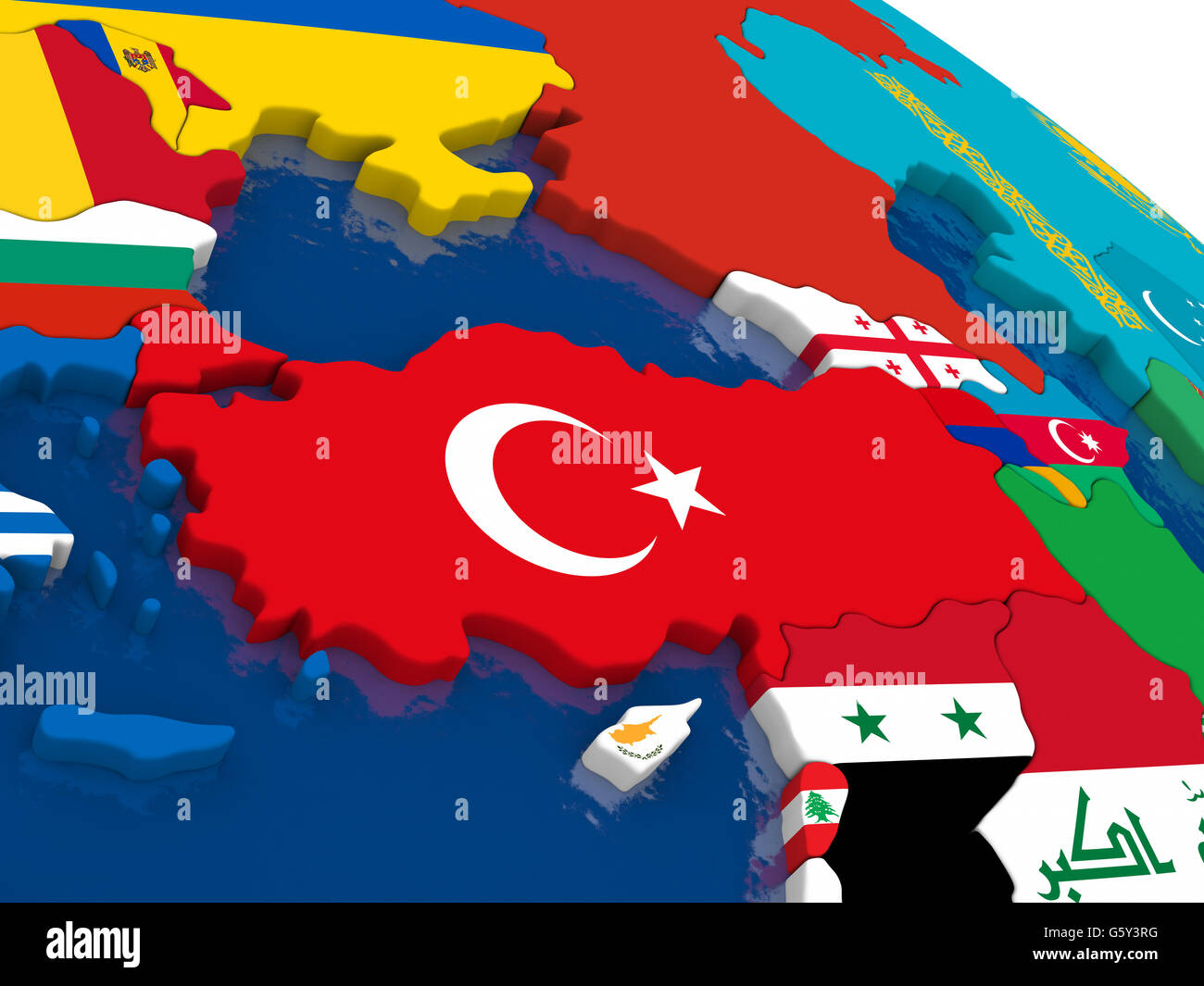 Map of Turkey with embedded flags on 3D political map. Accurate ...