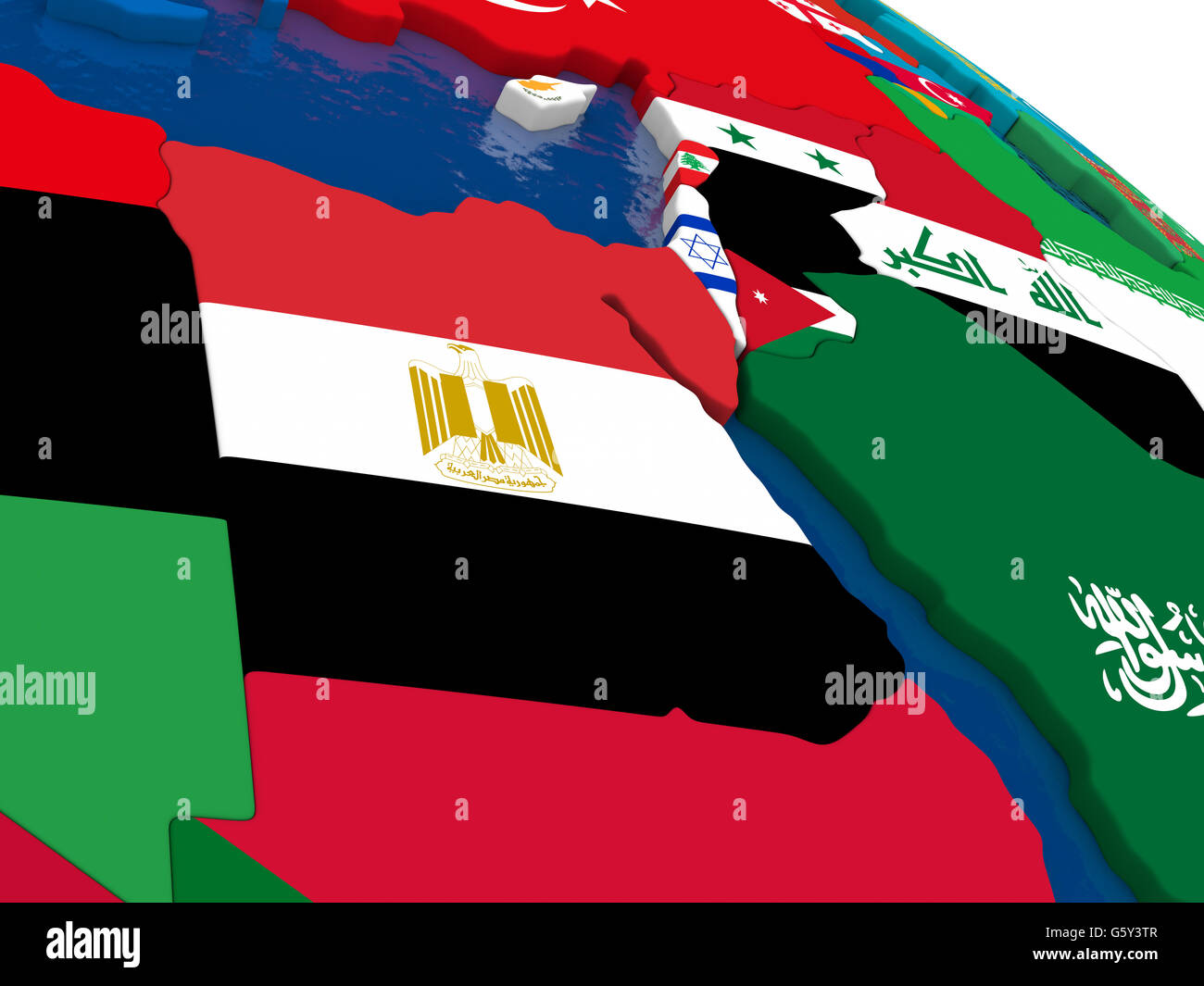 Map of Egypt with embedded flags on 3D political map. Accurate official ...