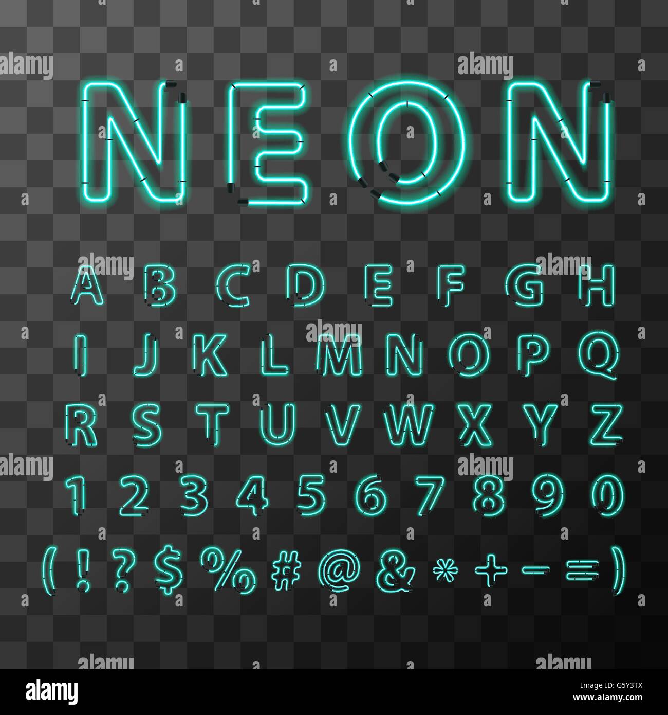 Bright neon letters, full latin alphabet on transparent background ...
