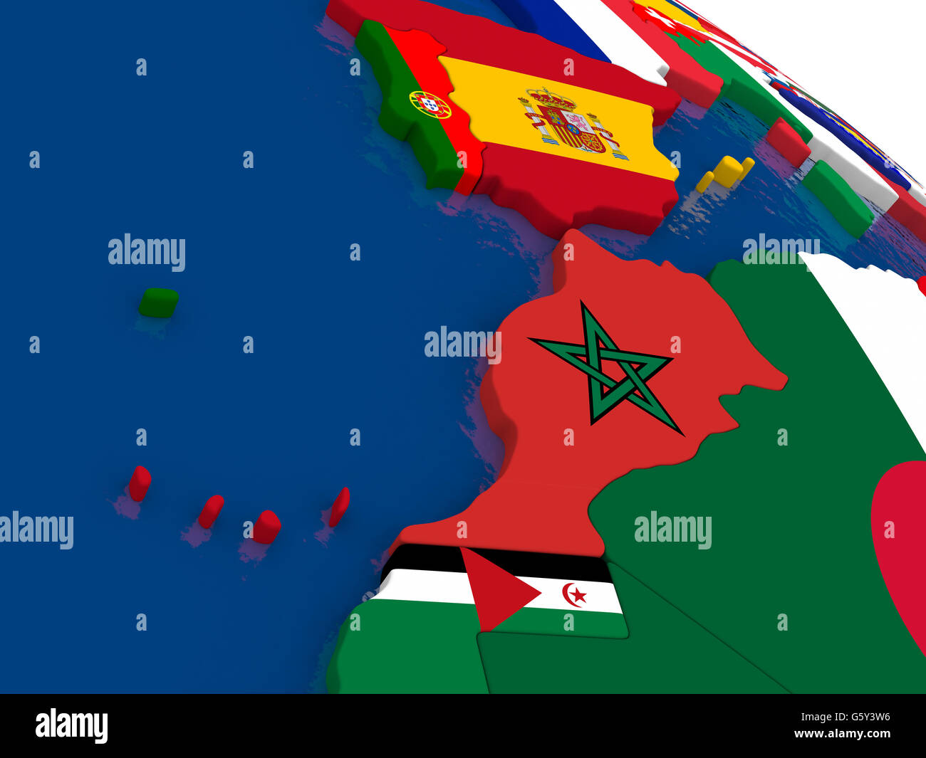 Map of Morocco with embedded flags on 3D political map. Accurate ...