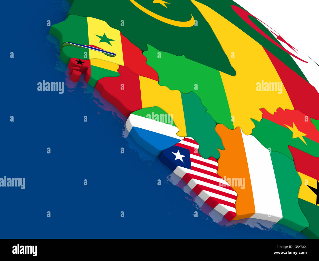 Map of Liberia, Sierra Leone and Guinea with embedded flags on 3D ...