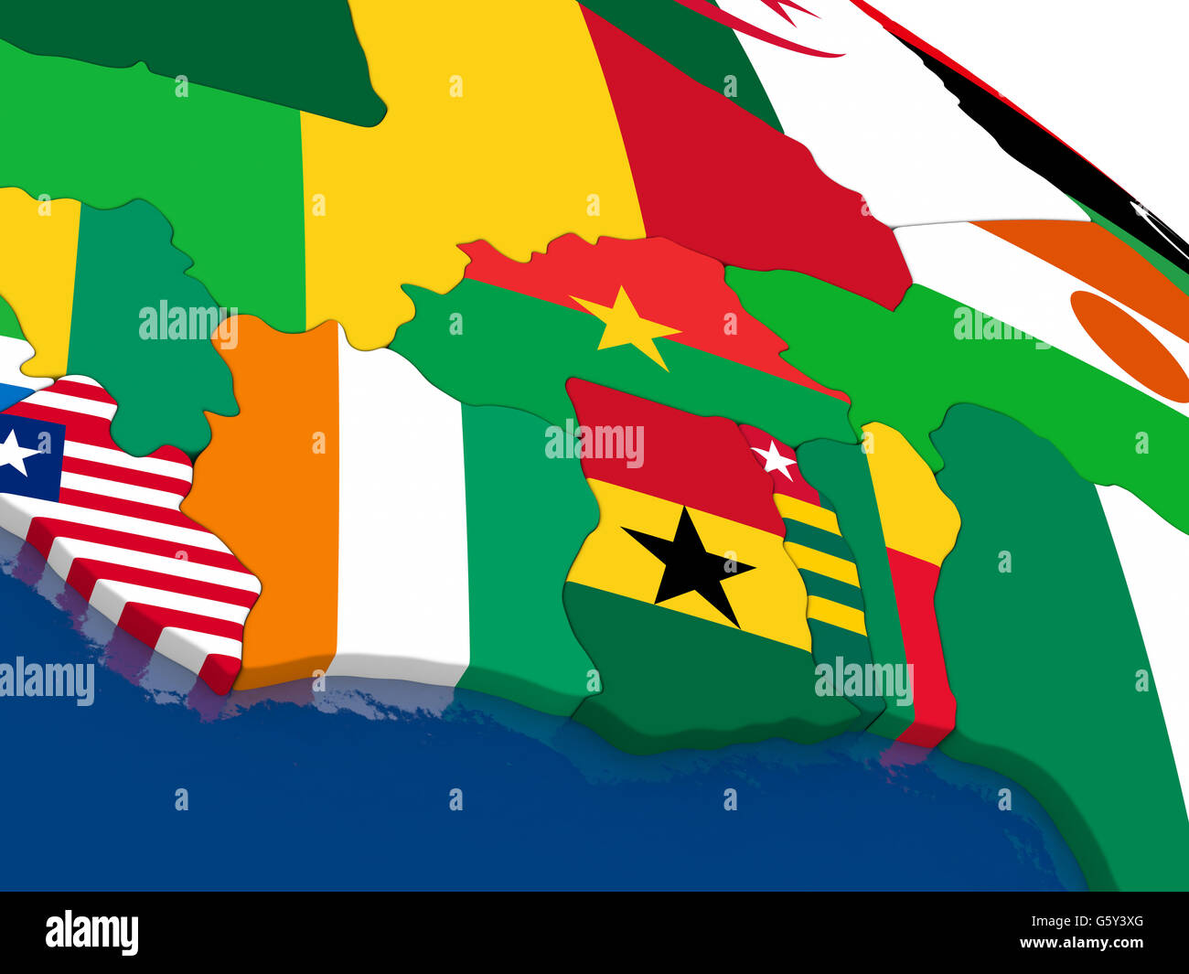 Map of Ivory Coast, Ghana and Burkina Faso with embedded flags on 3D ...