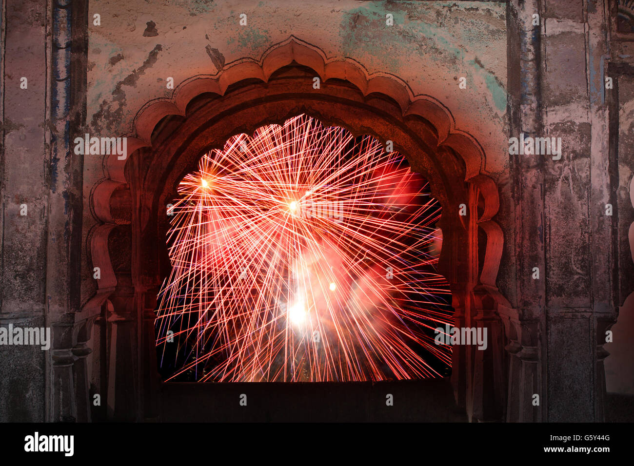 A view of traditional fireworks from the window of an ancient temple in ...