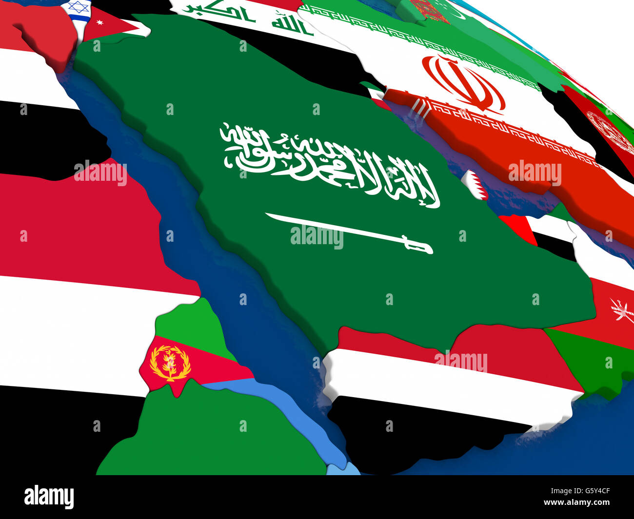 Map of Arab peninsula with embedded flags on 3D political map. Accurate ...