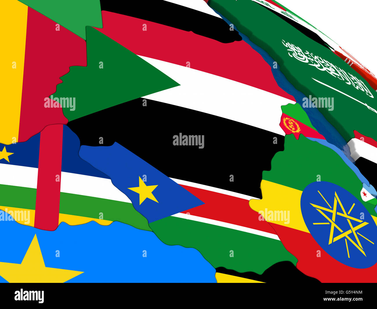 Map of Sudan and South Sudan with embedded flags on 3D political map ...