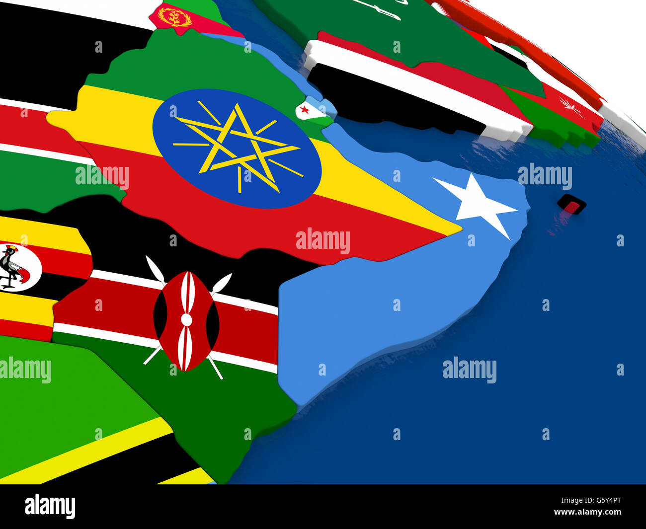 Map of Somalia and Ethiopia with embedded flags on 3D political map ...