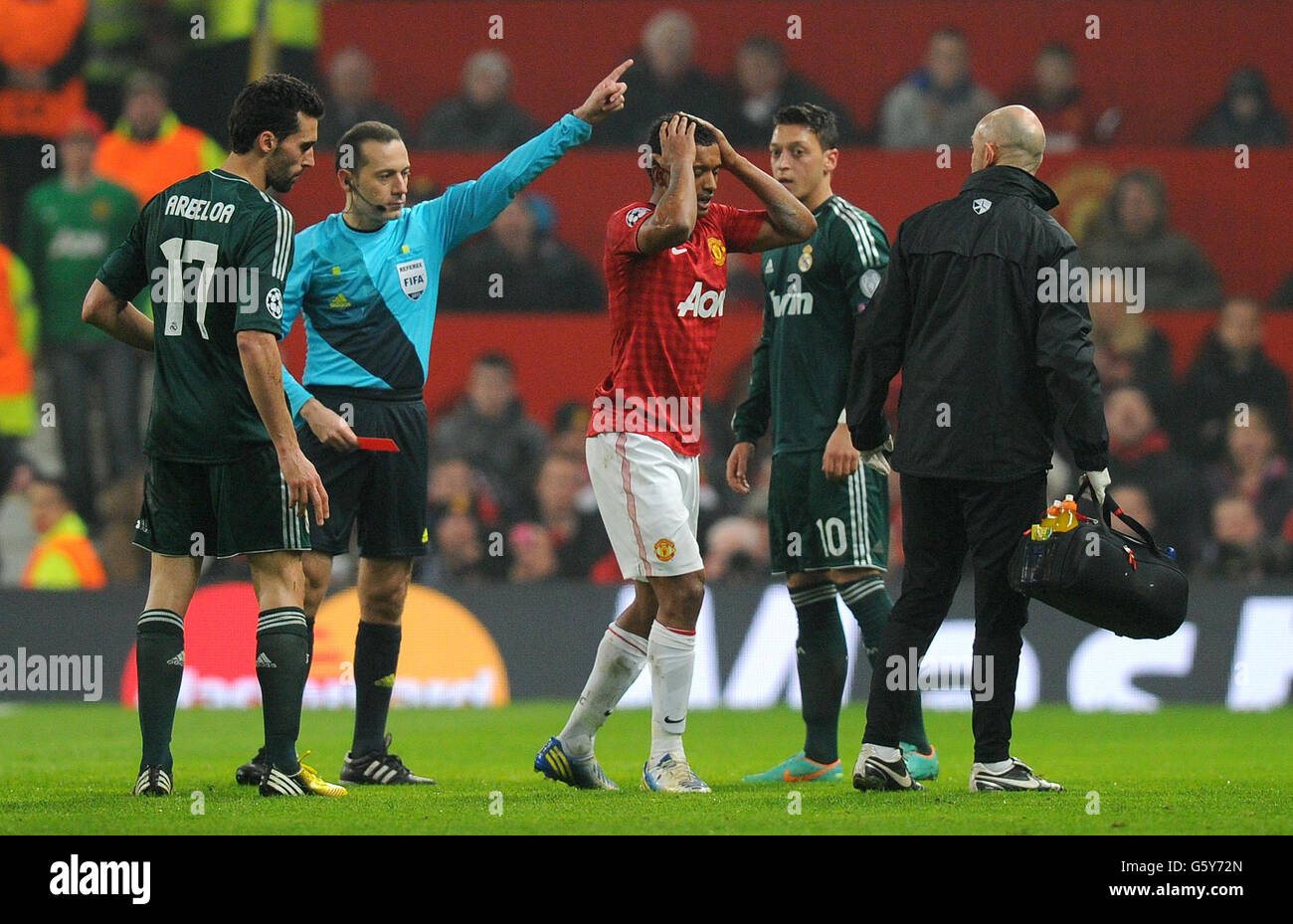 Manchester United's Nani is sent off after receiving a red card from ...