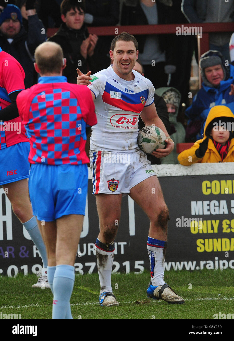 Wakefield Wildcats' Dean Collis celebrates after scoring a try during ...