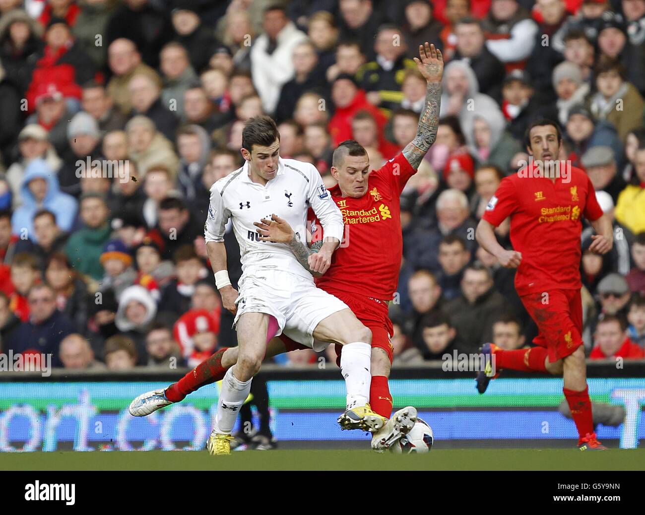 Tottenham Hotspur's Gareth Bale (left) and Liverpool's Martin Skrtel ...