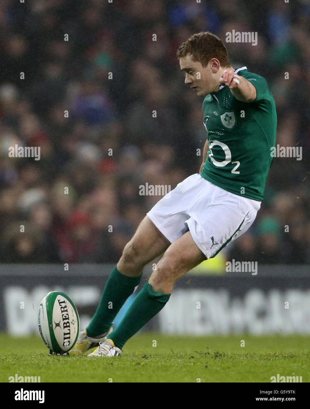 Ireland's Paddy Jackson takes a spot kick against France during the RBS ...