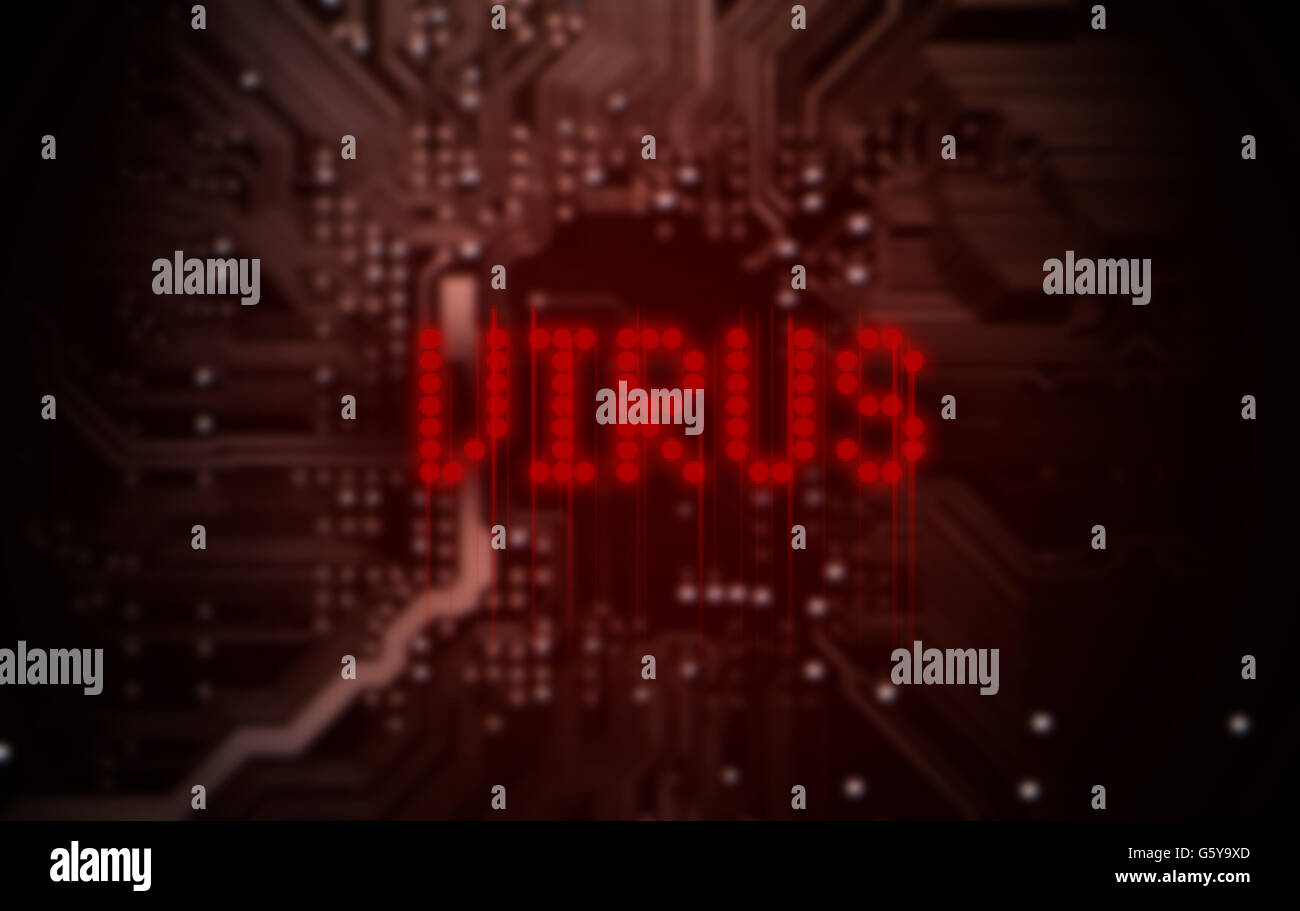 A 3D render of a macro view of a circuit board with red digital text ...