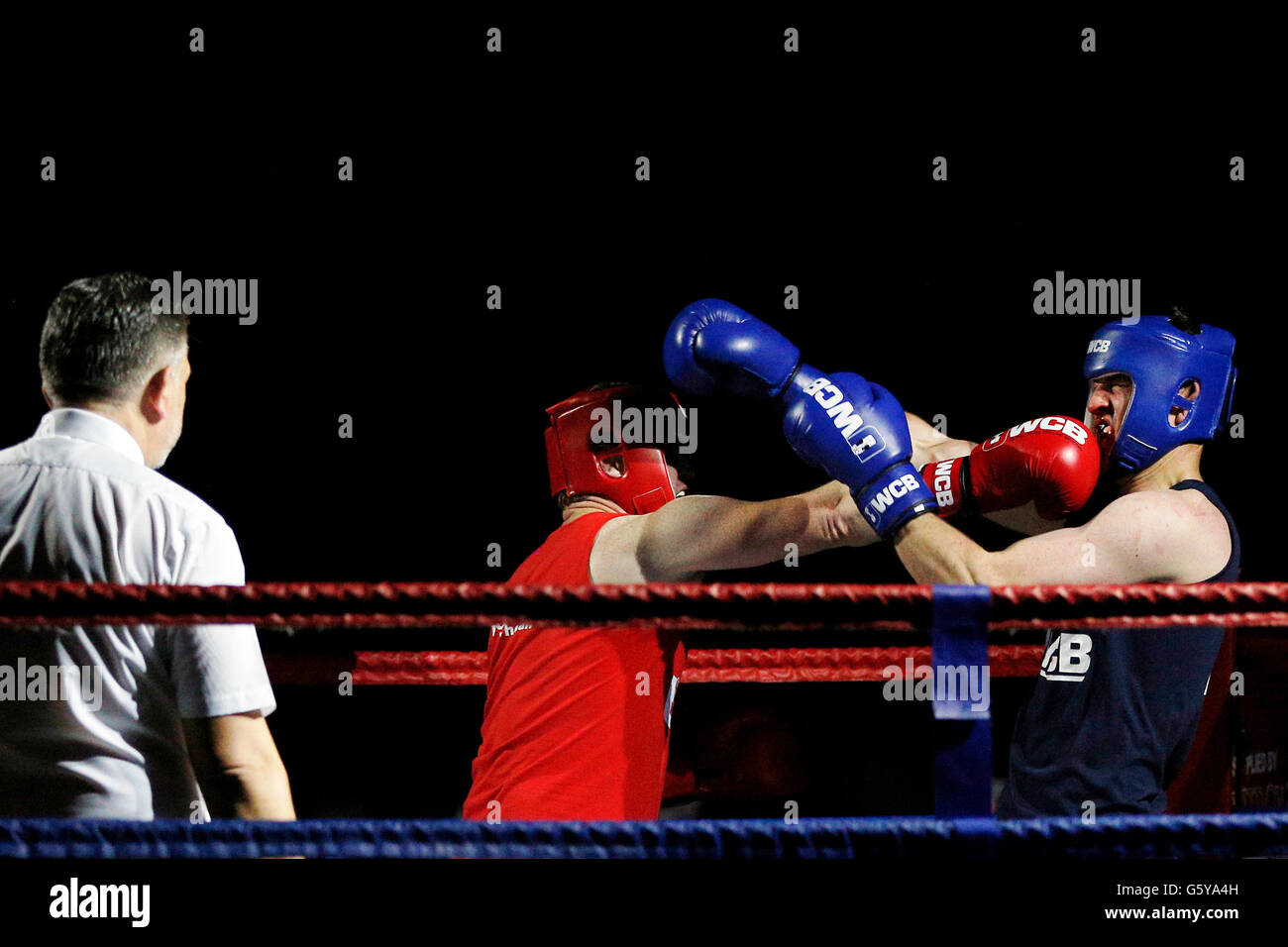 Amateur boxers fight during an Ultimate White Collar boxing competition ...