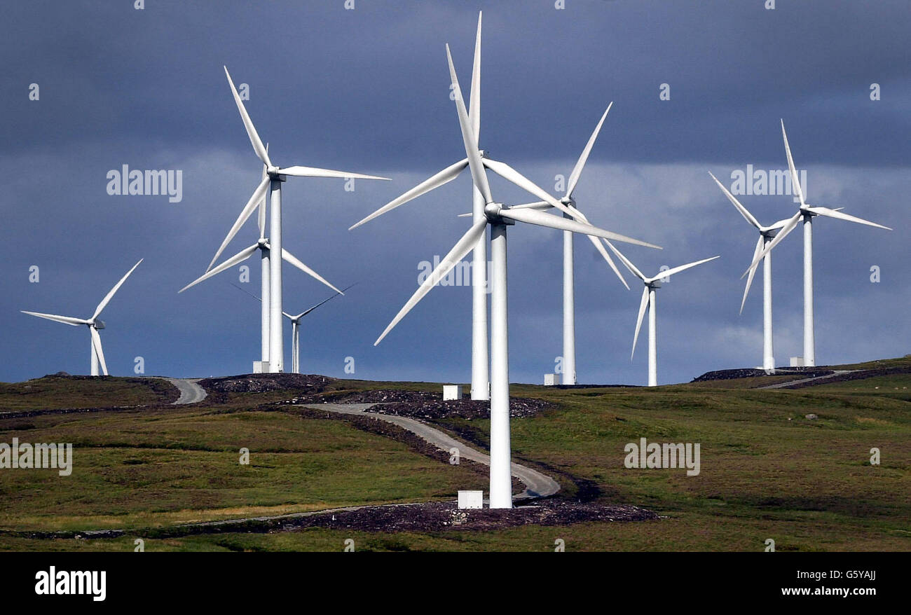 The Beinn An Tuirc wind farm on the Kintyre peninsula in Scotland, the ...