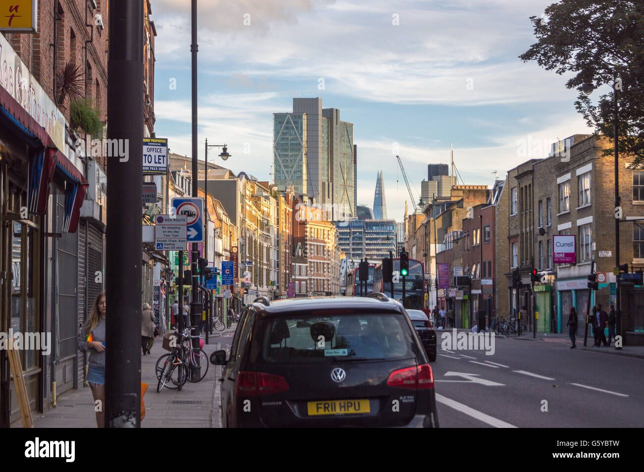 Broadgate and the Shard seen from the Kingsland Road, Hoxton, London ...