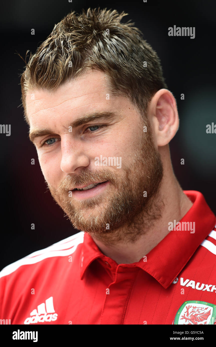 Wales' Sam Vokes during a press conference at the Wales Media Centre ...