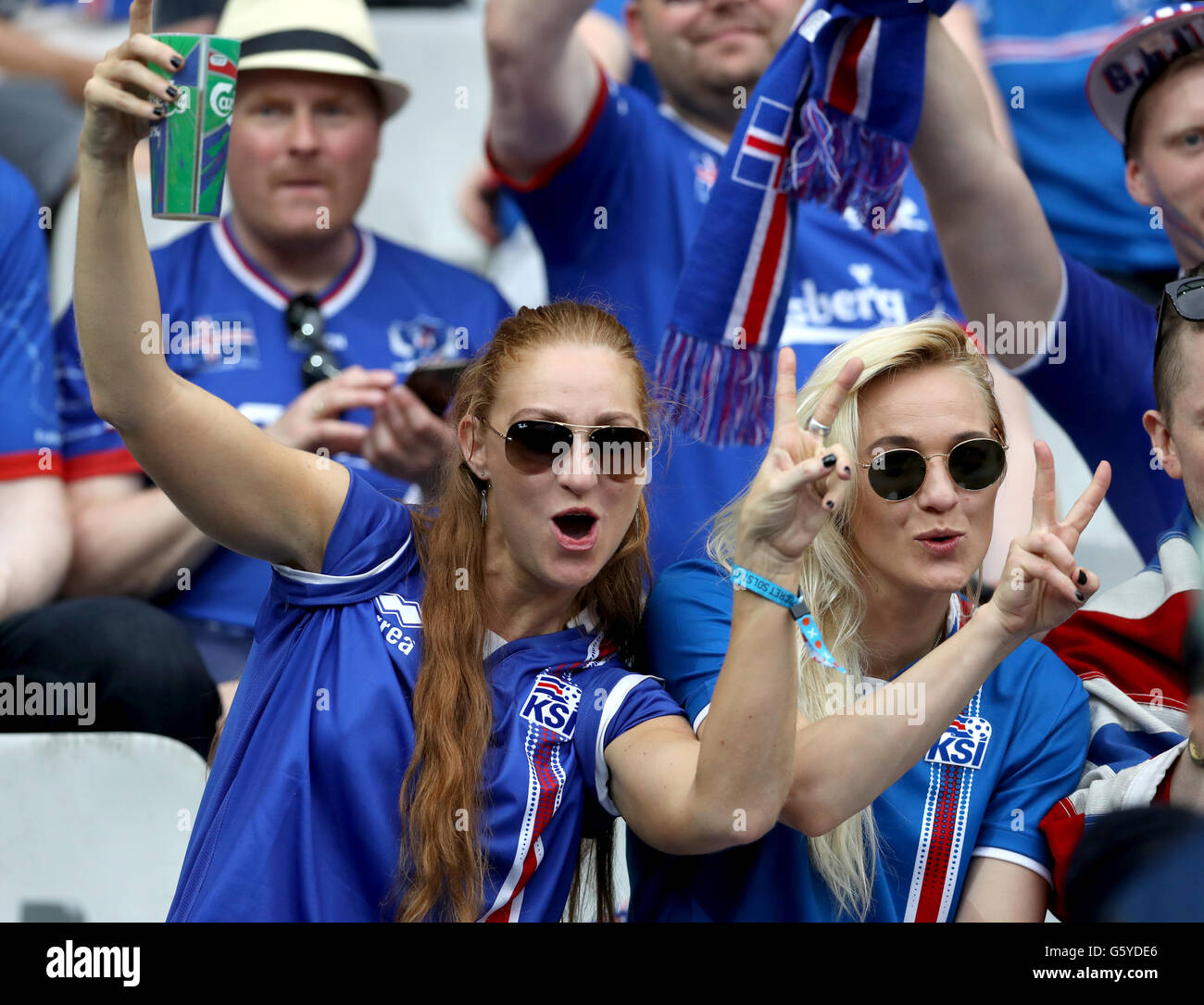 Iceland fans cheer on their side in the stands before the Euro 2016 ...