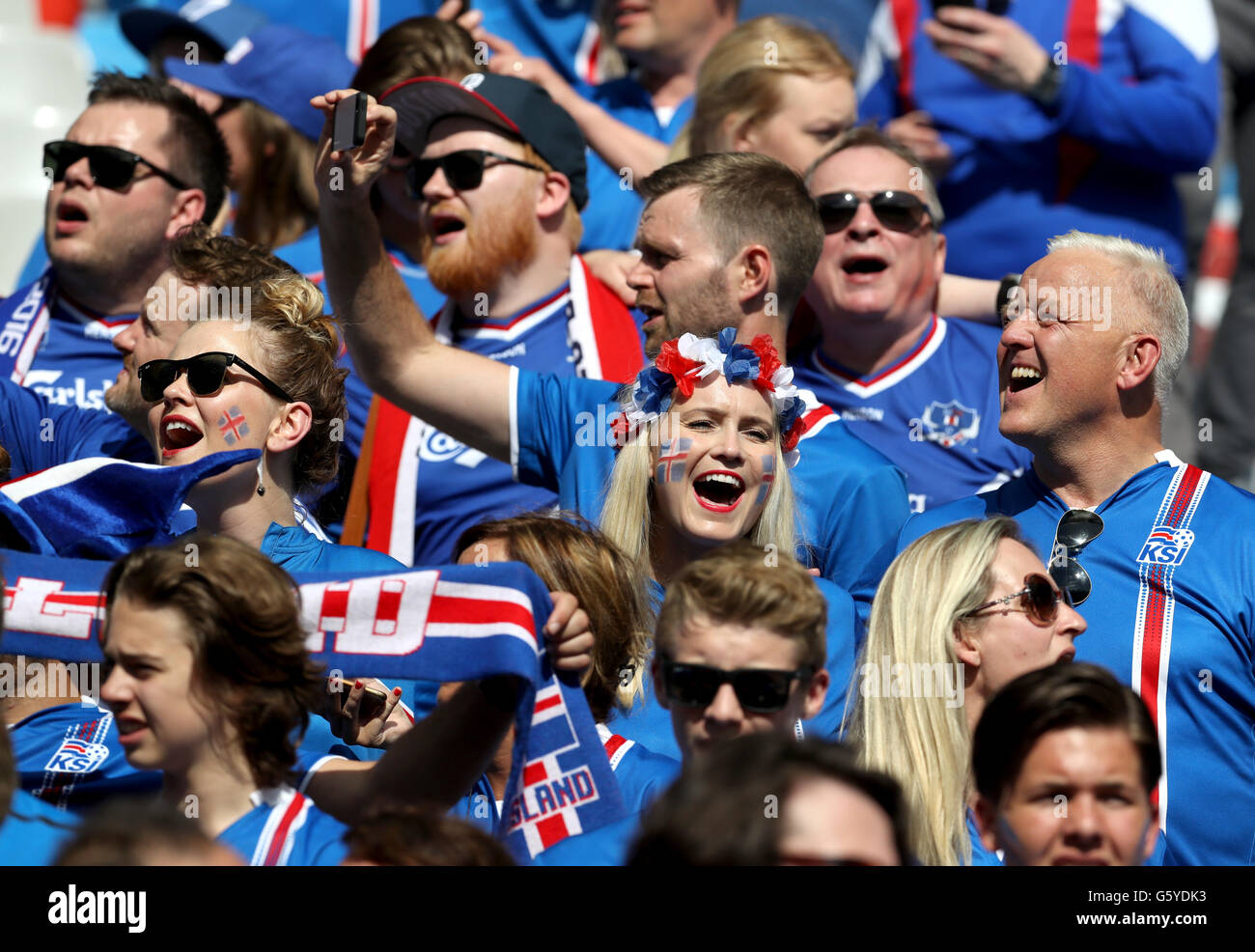 Iceland fans cheer on their side in the stands before the Euro 2016 ...