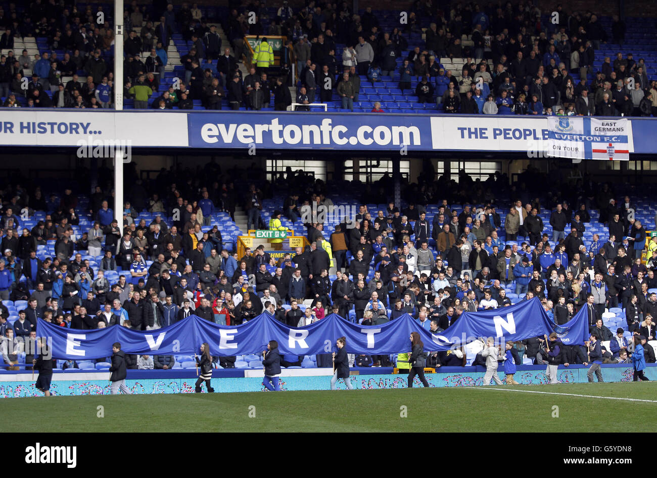 General view as an Everton banner is paraded around Goodison Park ahead ...
