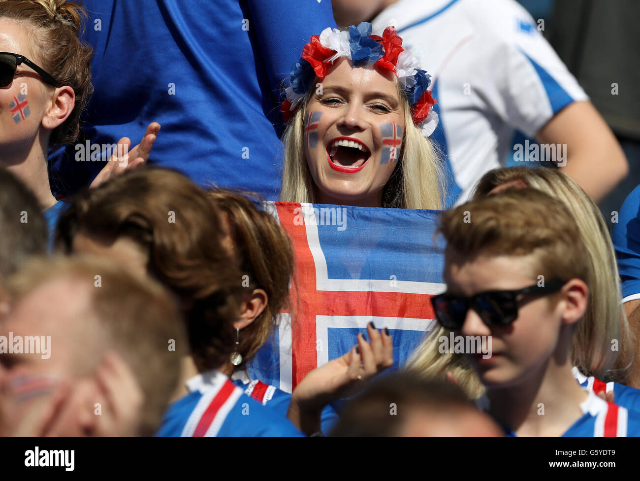 Iceland fans cheer on their side in the stands before the Euro 2016 ...