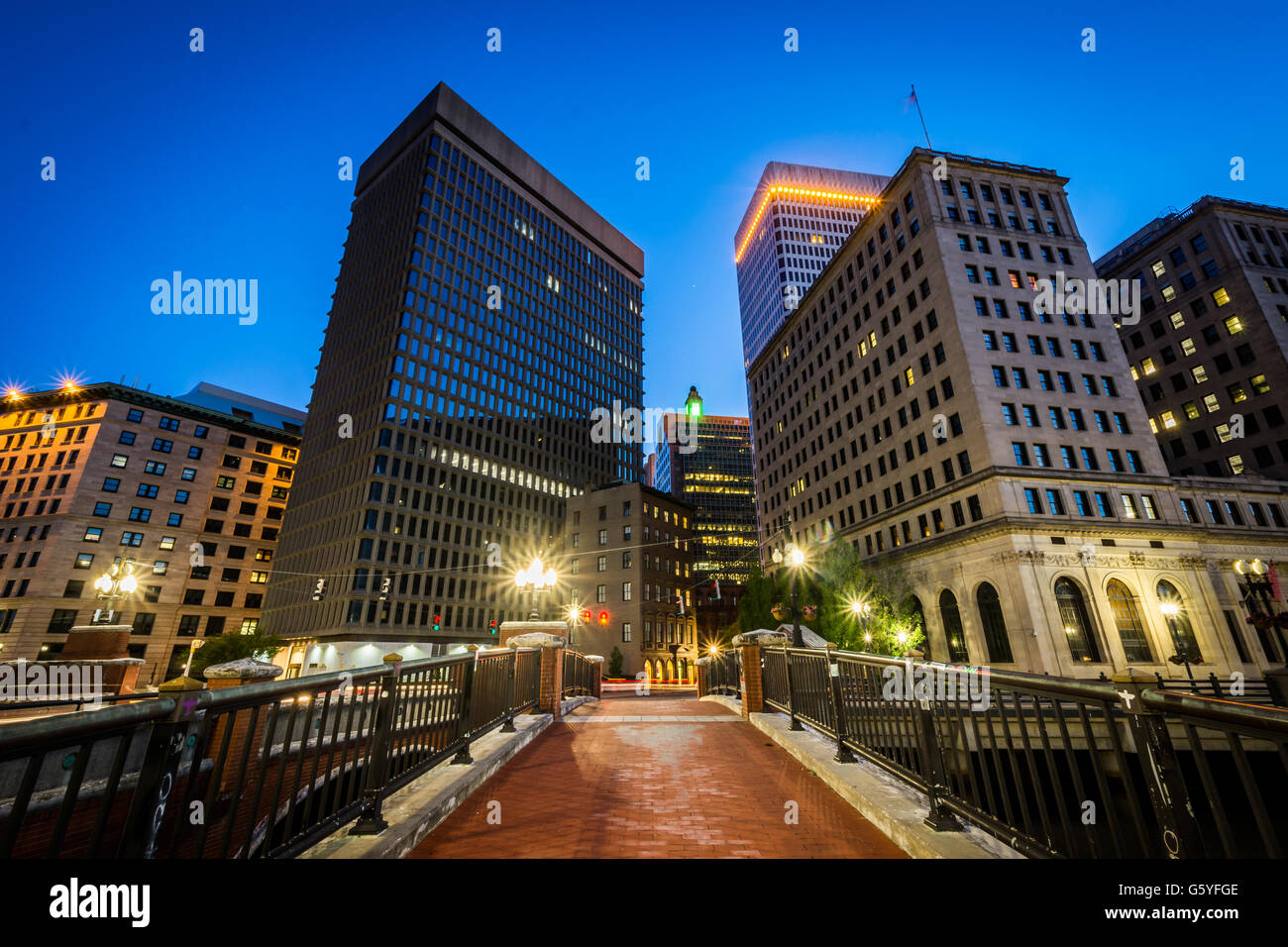 Bridge and modern buildings at night, in downtown Providence, Rhode ...
