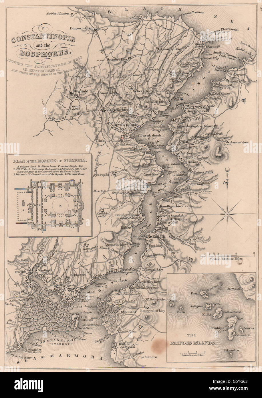 CONSTANTINOPLE & BOSPHORUS: Fort. Princes Islands., 1860 antique map ...