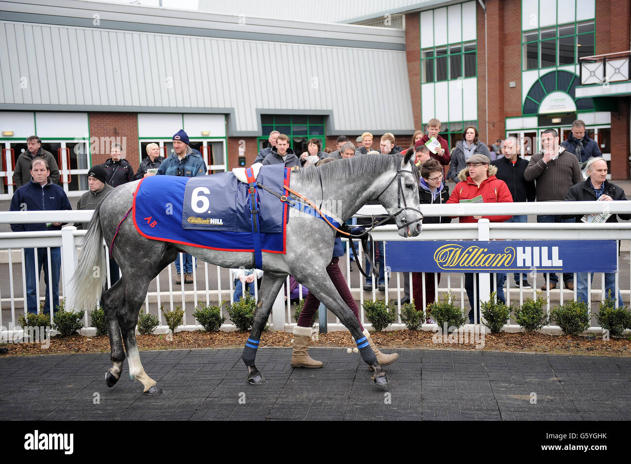 Racegoers watch as horses are walked around the parade ring during ...